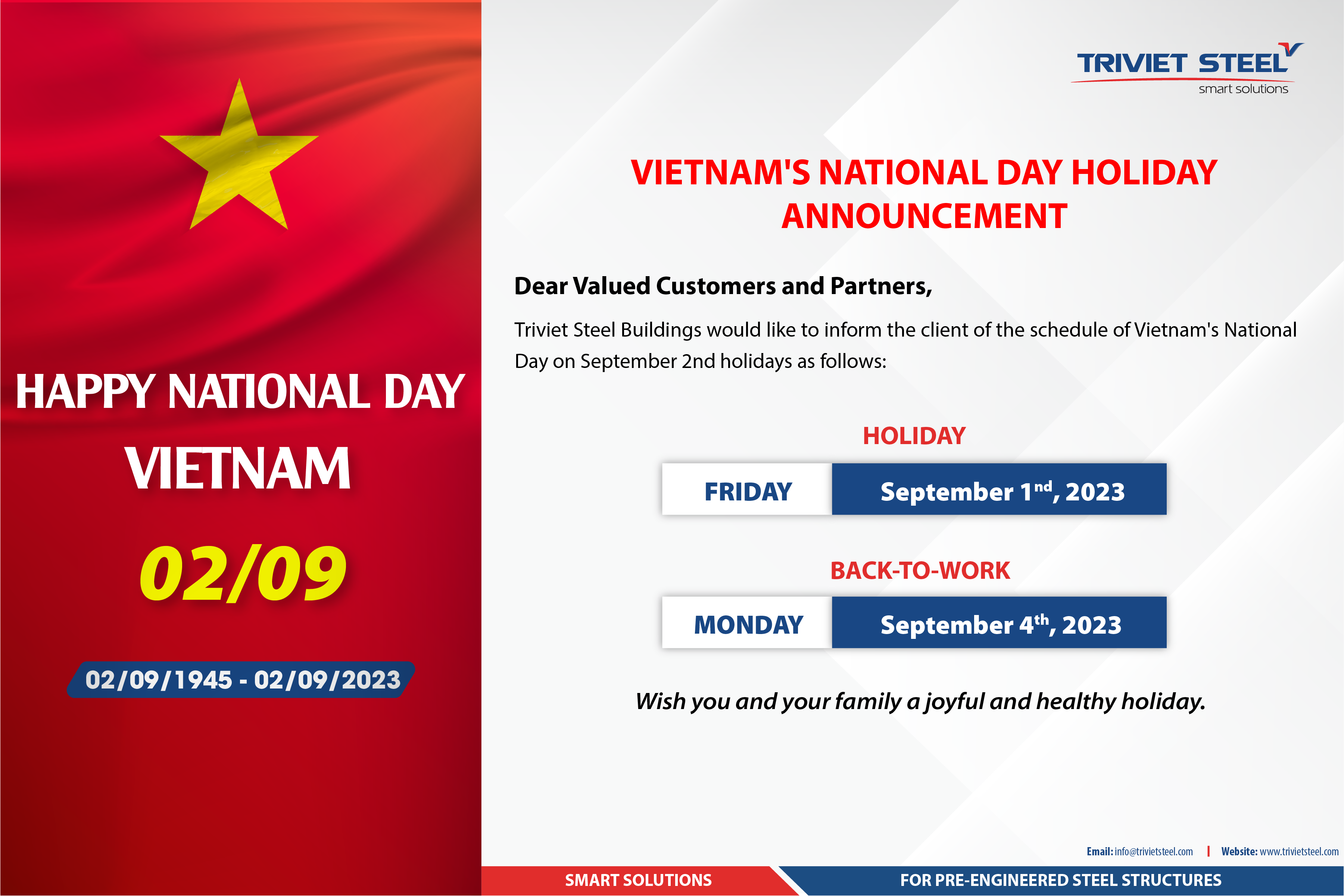 VIETNAM'S NATIONAL DAY HOLIDAY ANNOUNCEMENT - Nhà Thép Trí Việt